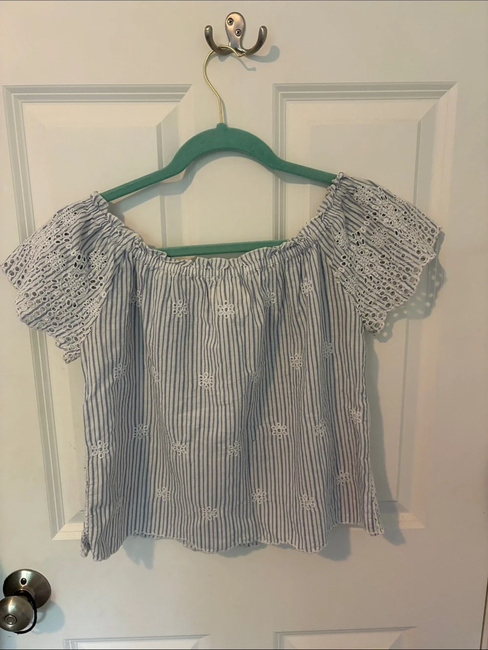 Hollister | Tops | Hollister Light Blue And White Striped Offshoulder ...